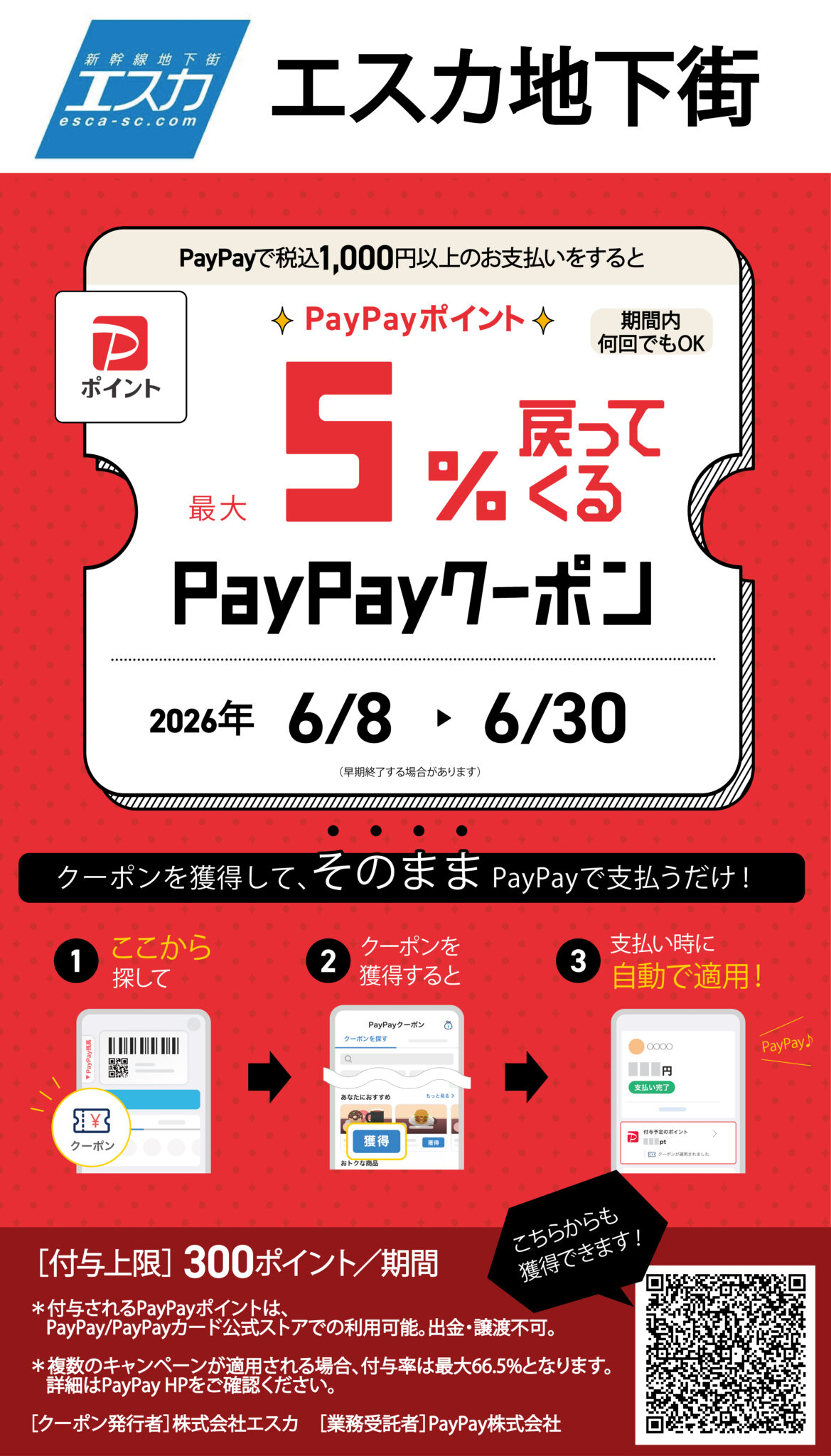 ESCA × PayPayクーポン開催！(6月8日～6月30日）｜ ニュース・イベント ｜エスカ地下街～名古屋駅新幹線口～